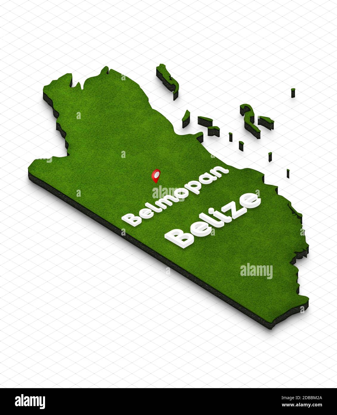 Illustration of a green ground map of Belize on grid background. Right ...