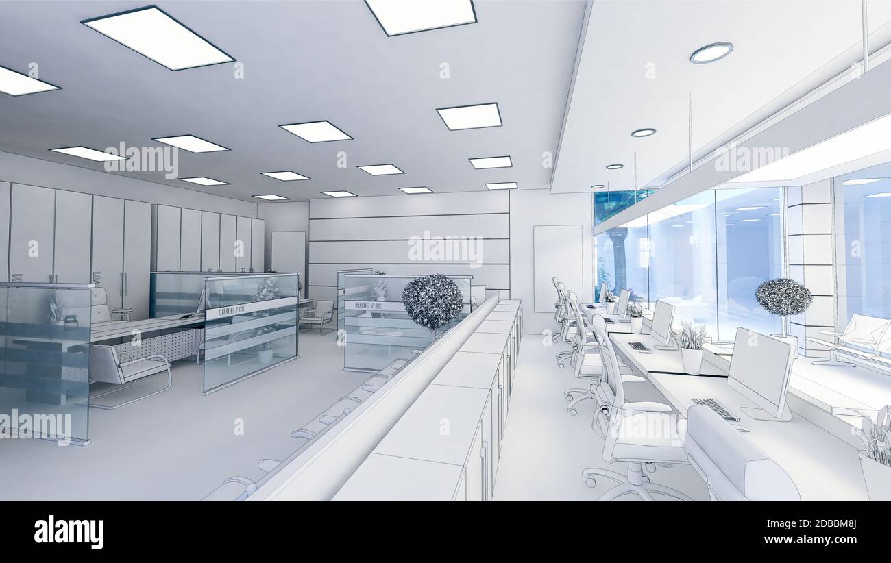 large open space office perspective realistic 3D rendering Stock Photo ...