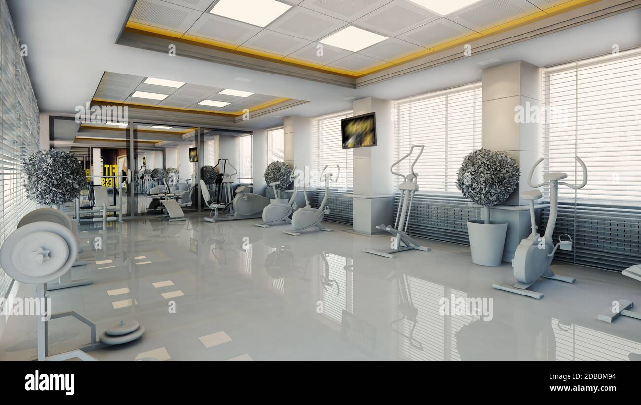 modern gym with sport equipment interior design realistic 3D rendering ...