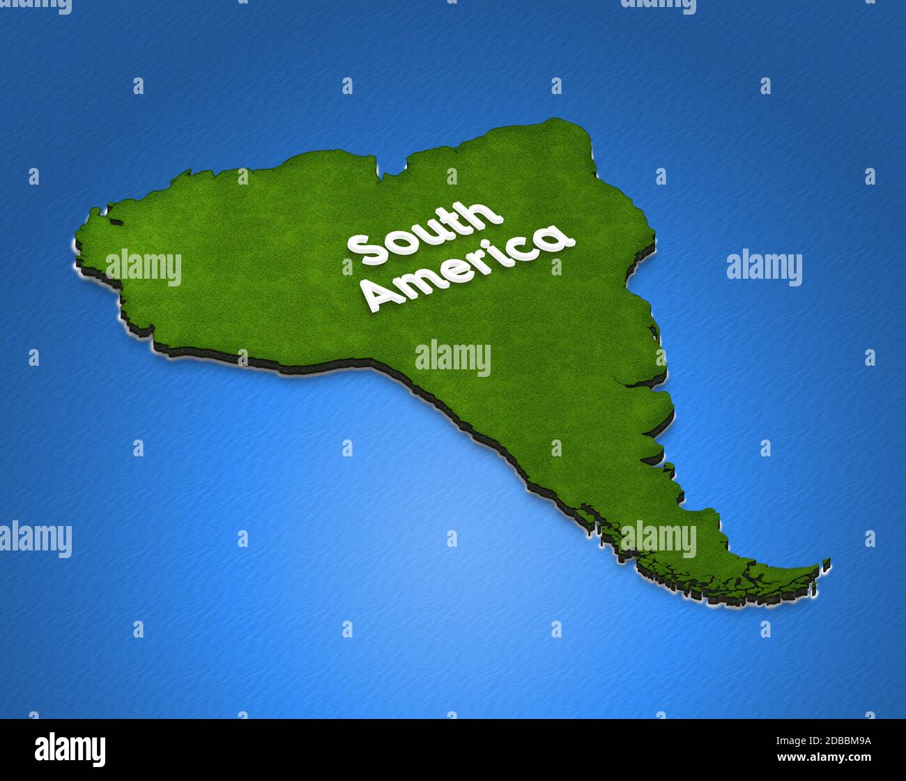 Illustration of a green ground map of South America on ocean water ...