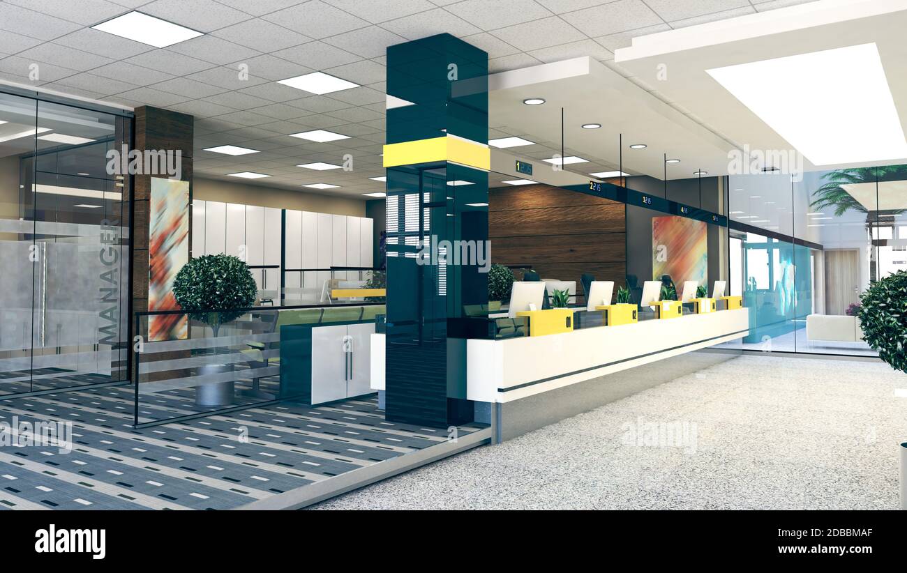 Customer stand with digital counter in large open space office ...