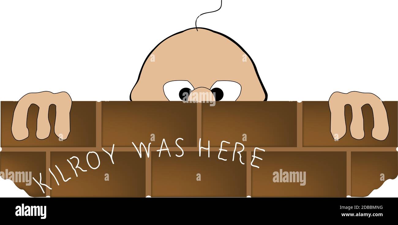 A cartoon man looking over a brick wall with the inscription written on ...