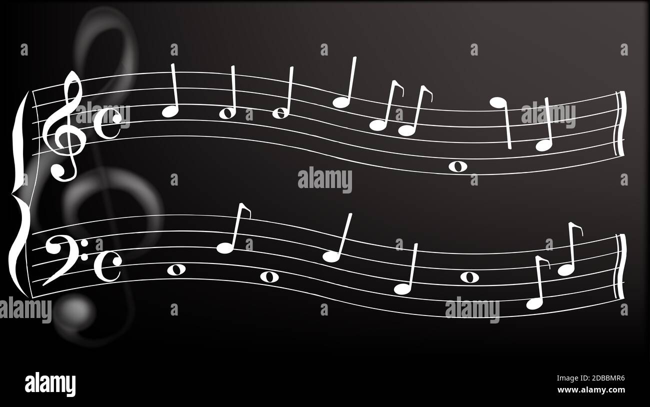 A musical ssrave with random notes and a metalic treble clef in the ...