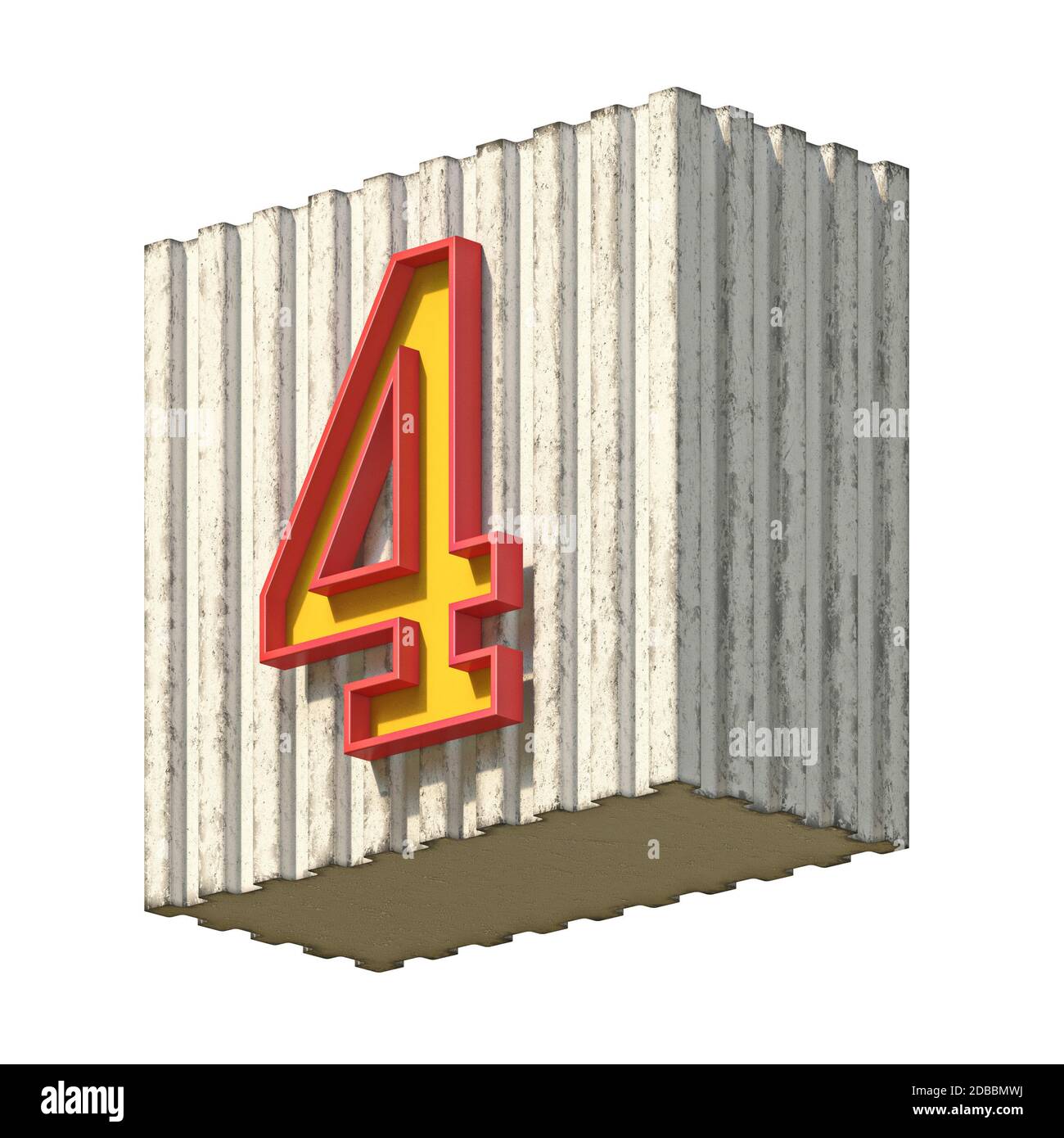 Vintage concrete red yellow Number 4 3D render illustration isolated on ...