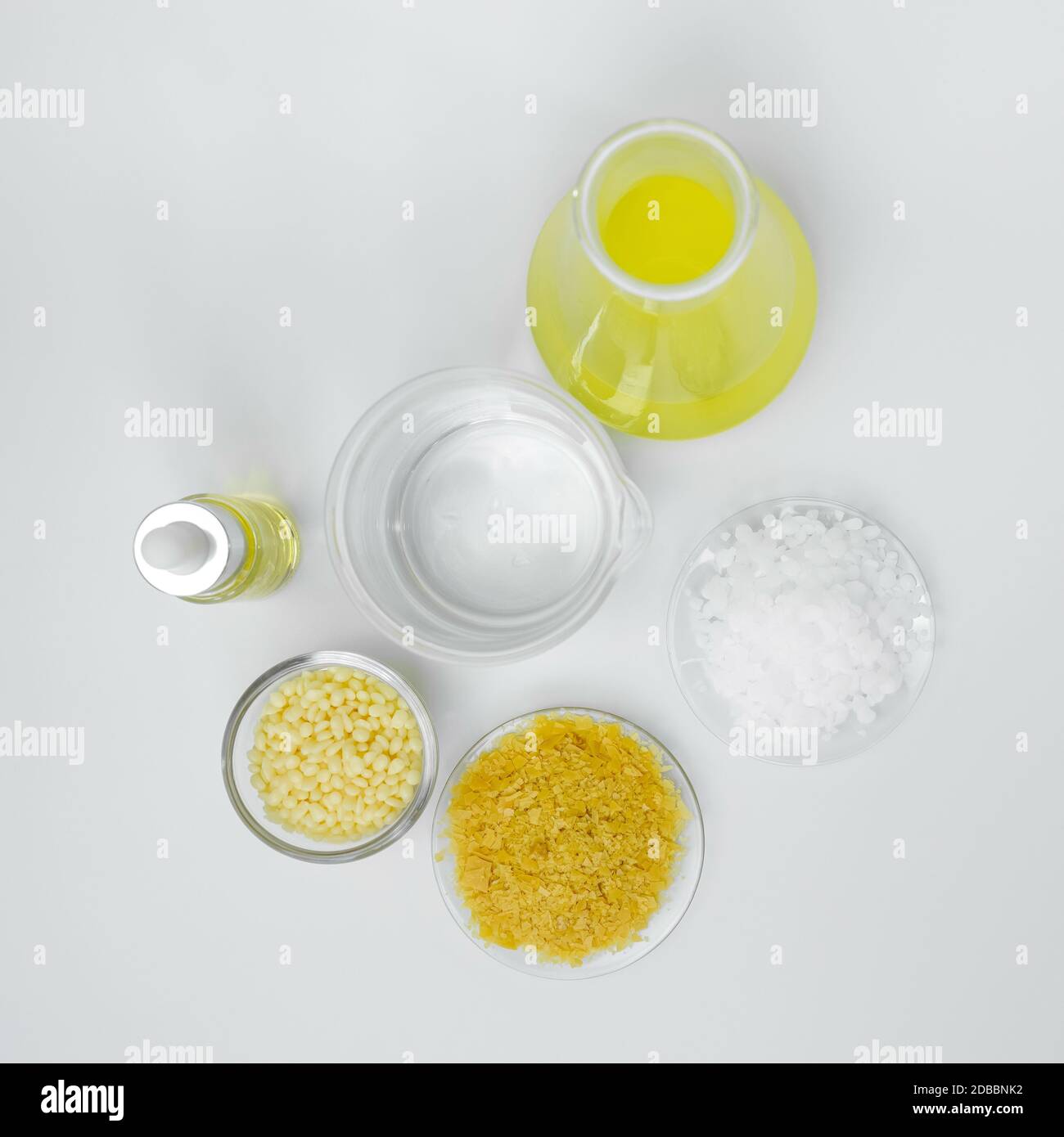Cosmetic chemicals ingredient on white laboratory table. Carnauba Wax ...