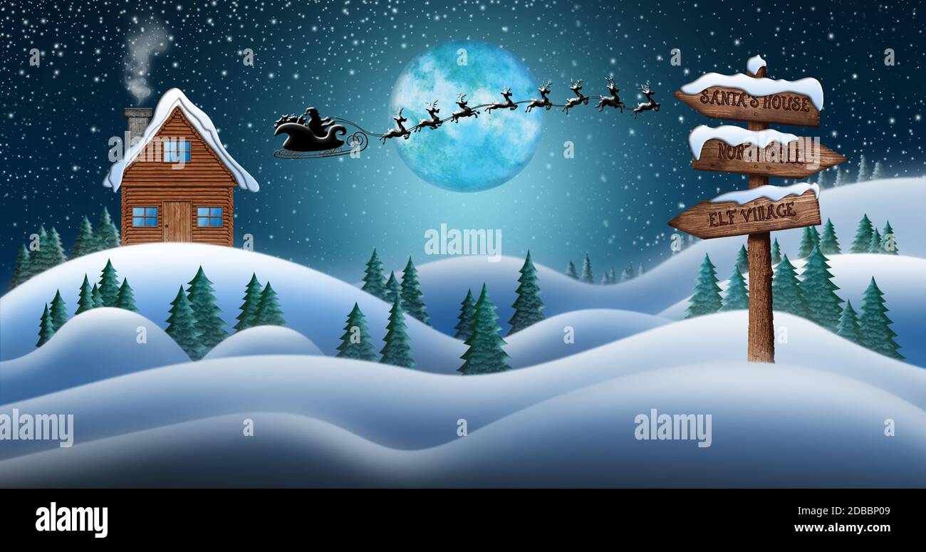 Santa Clause and Reindeers Sleighing Through Christmas Night Over the ...