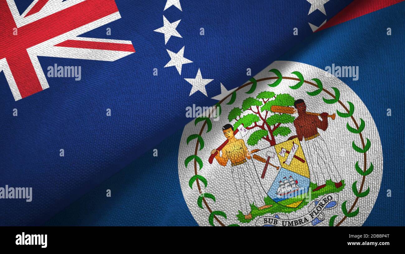Cook Islands and Belize two flags textile cloth, fabric texture Stock ...