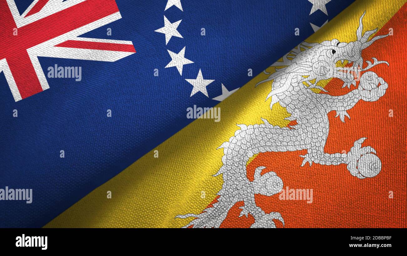Cook Islands and Bhutan two flags textile cloth, fabric texture Stock ...