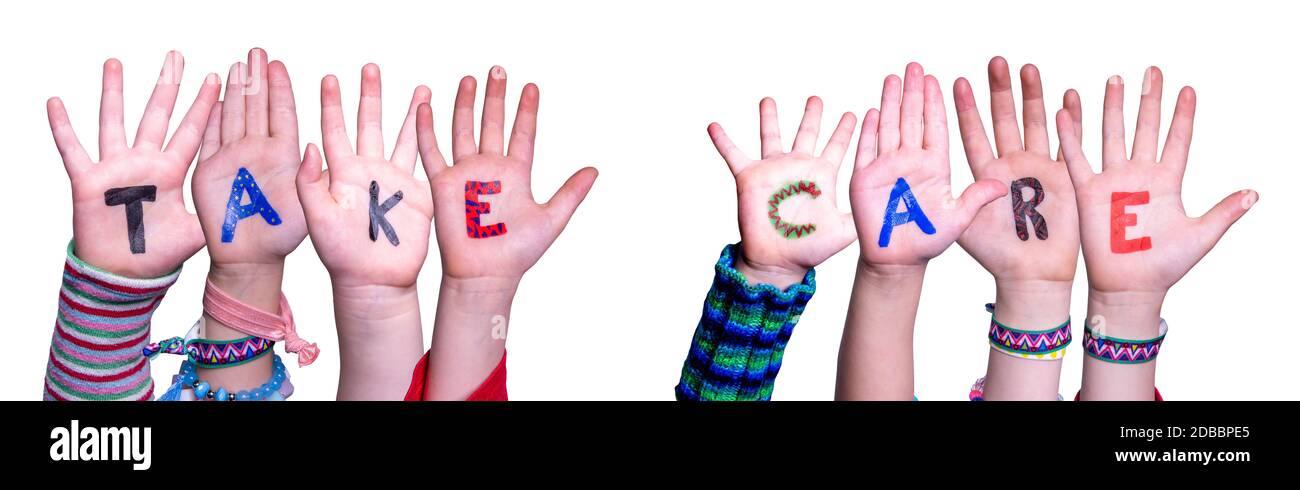 Children Hands Building Colorful English Word Take Care. White Isolated ...