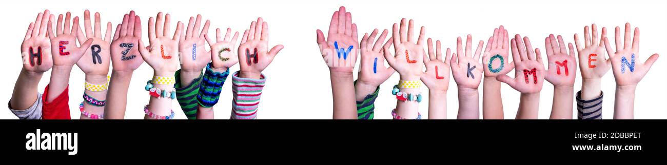 Children Hands Building Colorful German Word Herzlich Willkommen Means ...
