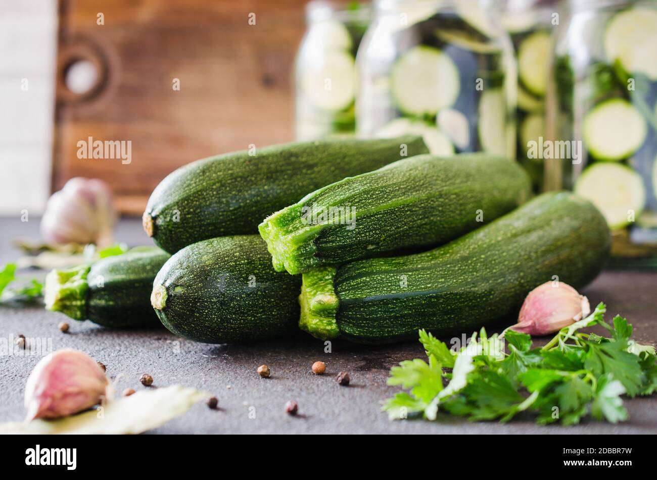 Fresh organic zucchini, garlic and parsley, herbs and spices. Process ...