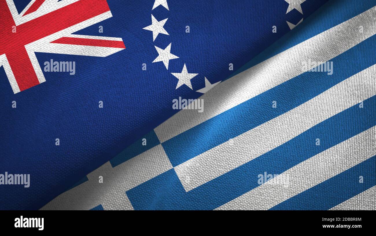 Cook Islands and Greece two flags textile cloth, fabric texture Stock ...
