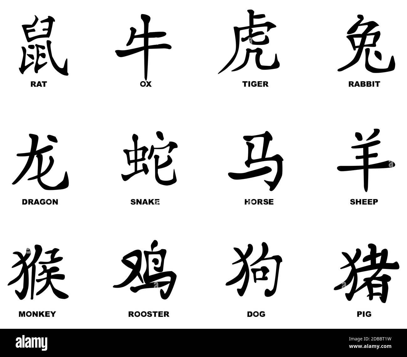The twelve logograms depicting the 12 Chinese animal years Stock Photo ...