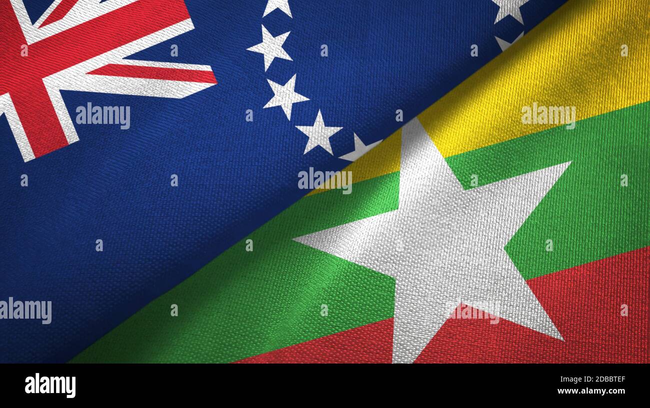 Cook Islands and Myanmar two flags textile cloth, fabric texture Stock ...