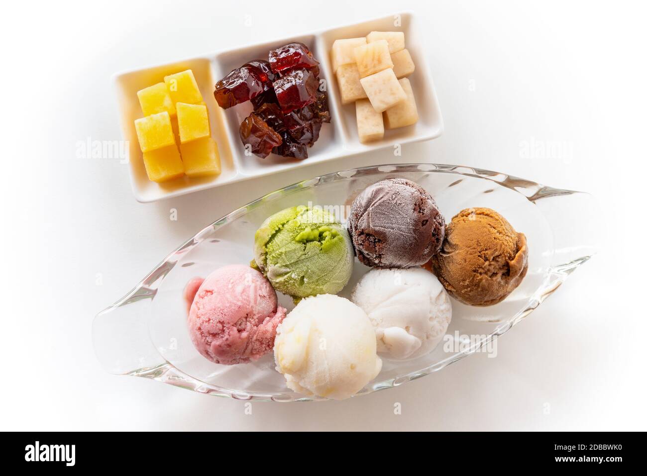 Top view multi-colored ice cream in a clear dish and sweet processed ...