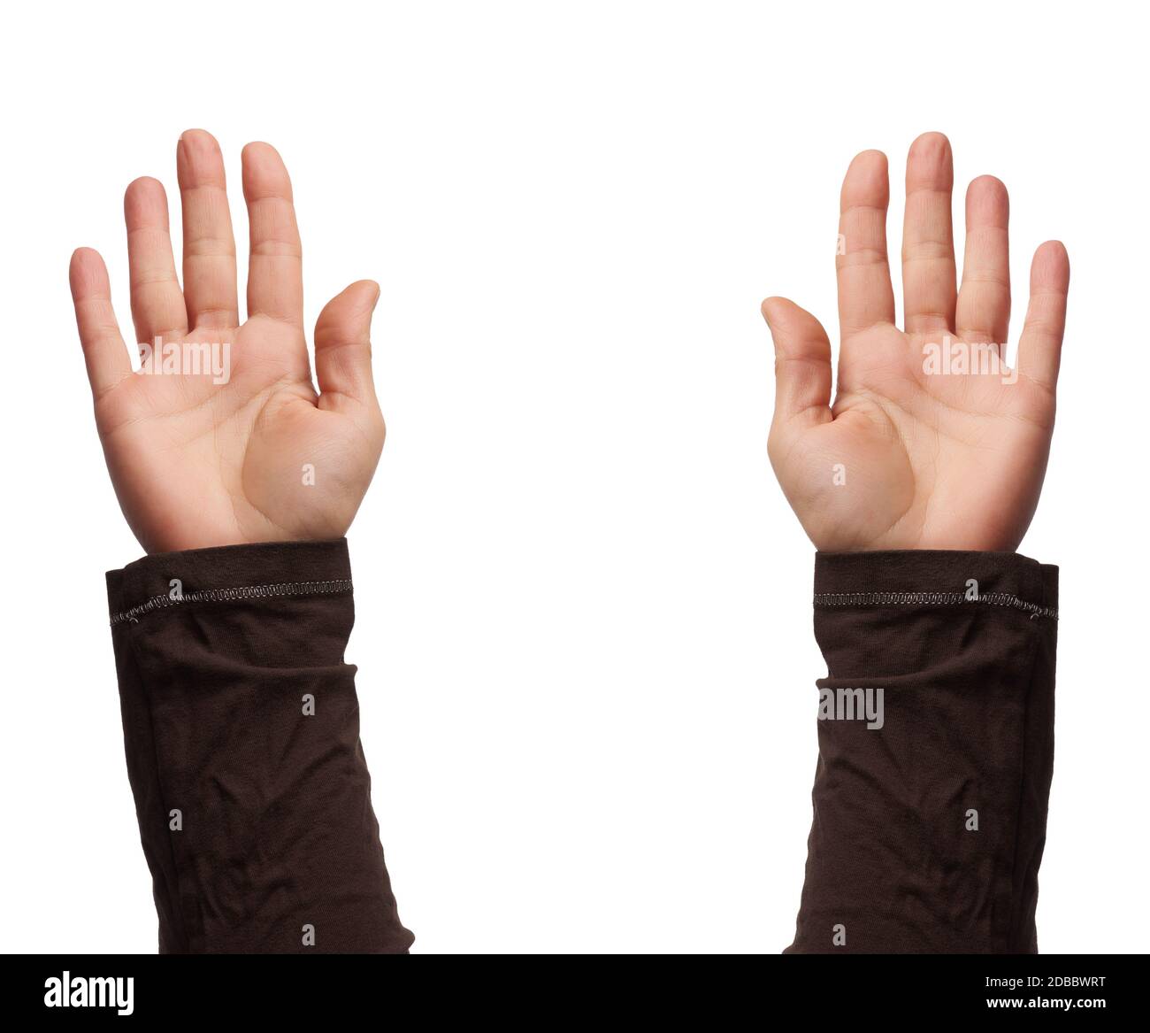 female hand is raised up with an open palm, part of the body is ...