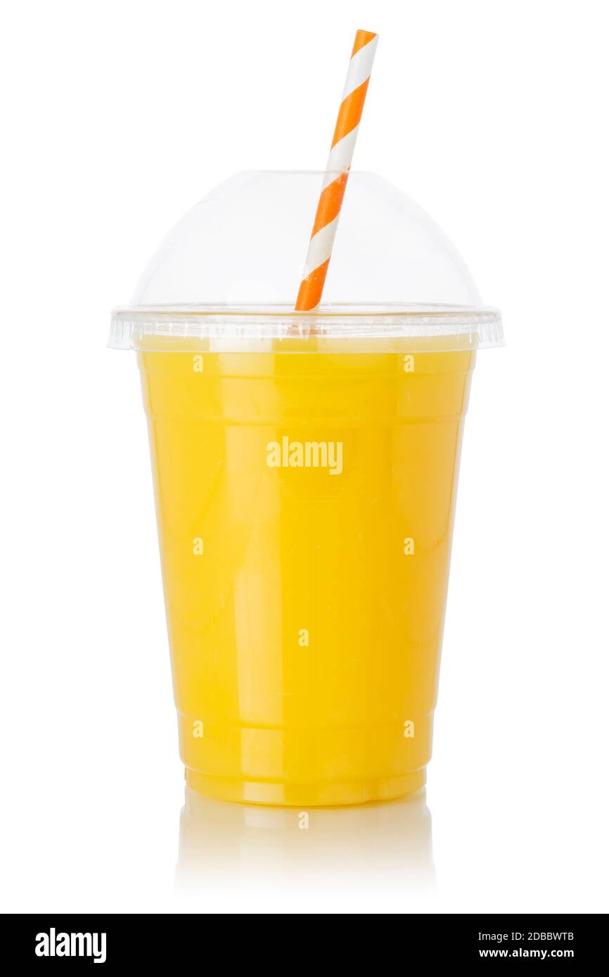Orange fruit juice straw drink in a cup isolated on a white background ...