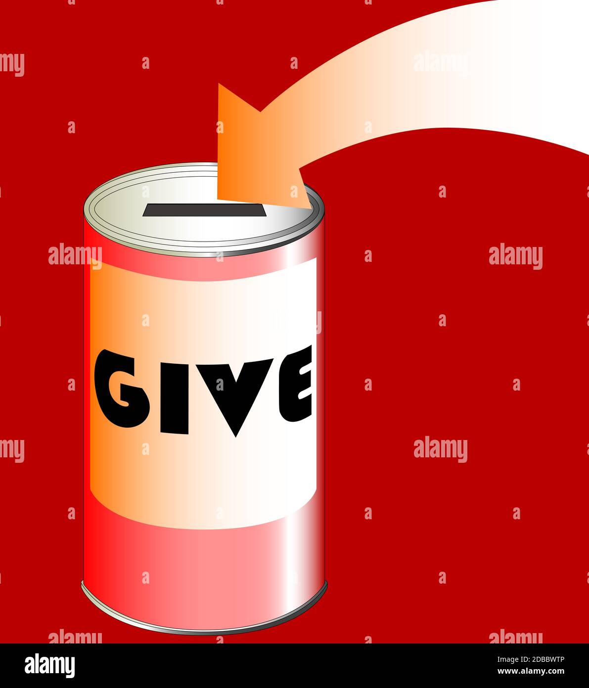 A red charity tin with pointing arrow Stock Photo - Alamy