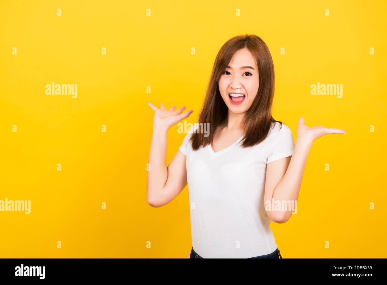 Asian happy portrait beautiful cute young woman teen standing wear t ...