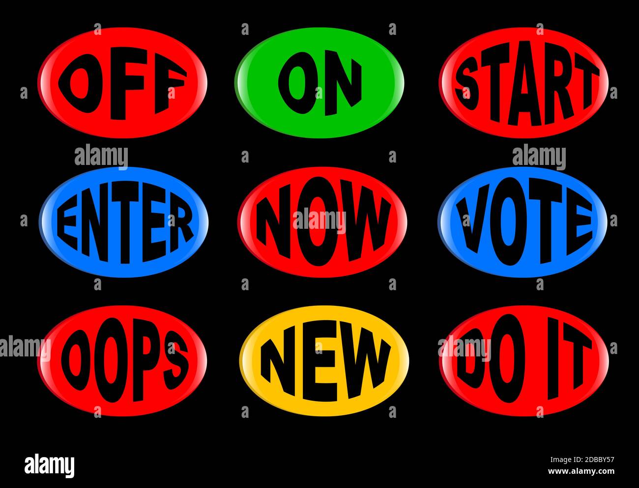 A collection of 3D buttons with various text instructions. Easy color ...