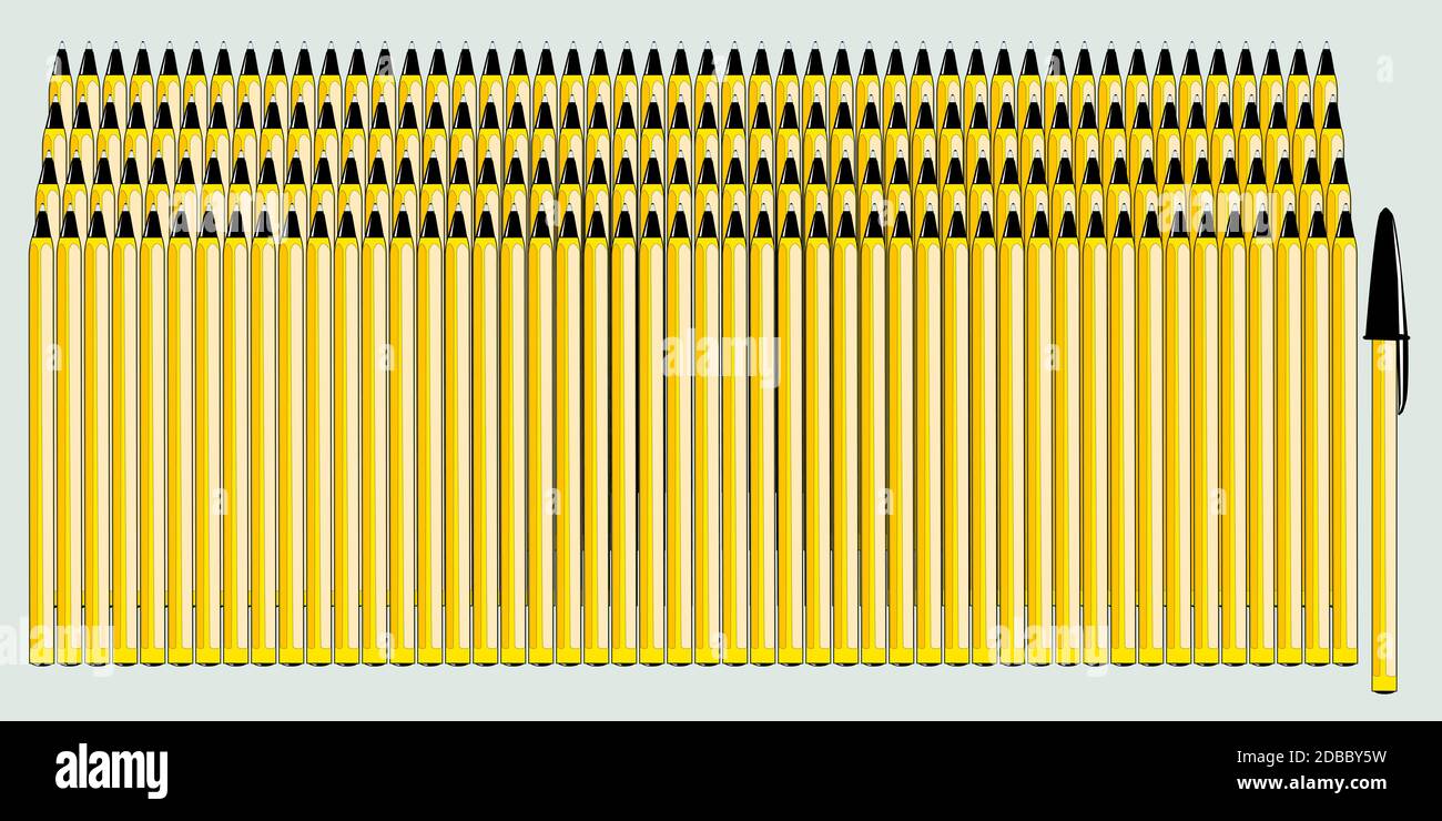 Rows of yellow pens, one in command with black cap Stock Photo - Alamy