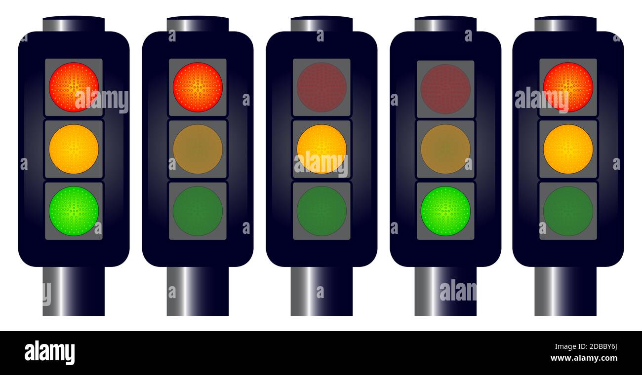 A set of traffic lights including one with all lights on. No meshes ...