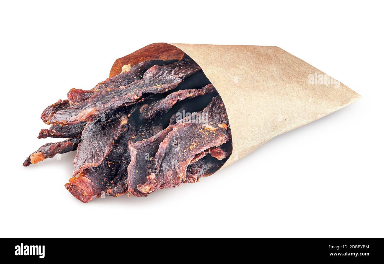 Jerky in a paper bag isolated on white background in front Stock Photo ...