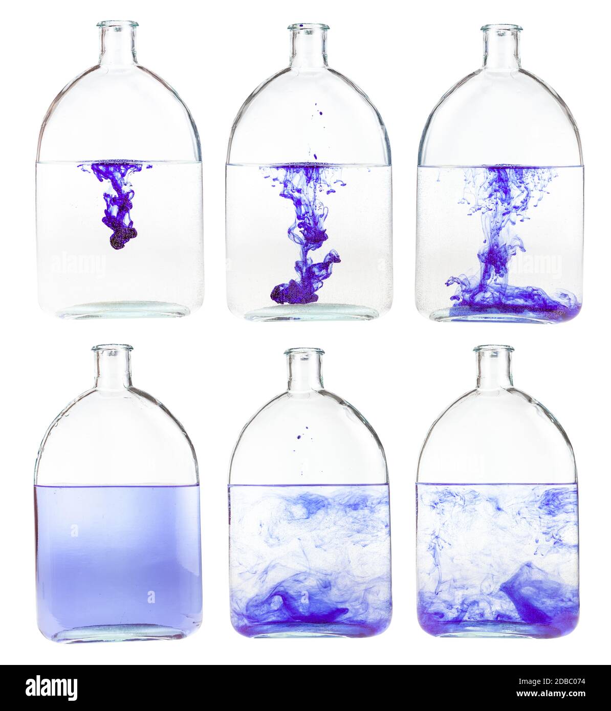 set of violet ink solutions in water in glass flask isolated on white ...