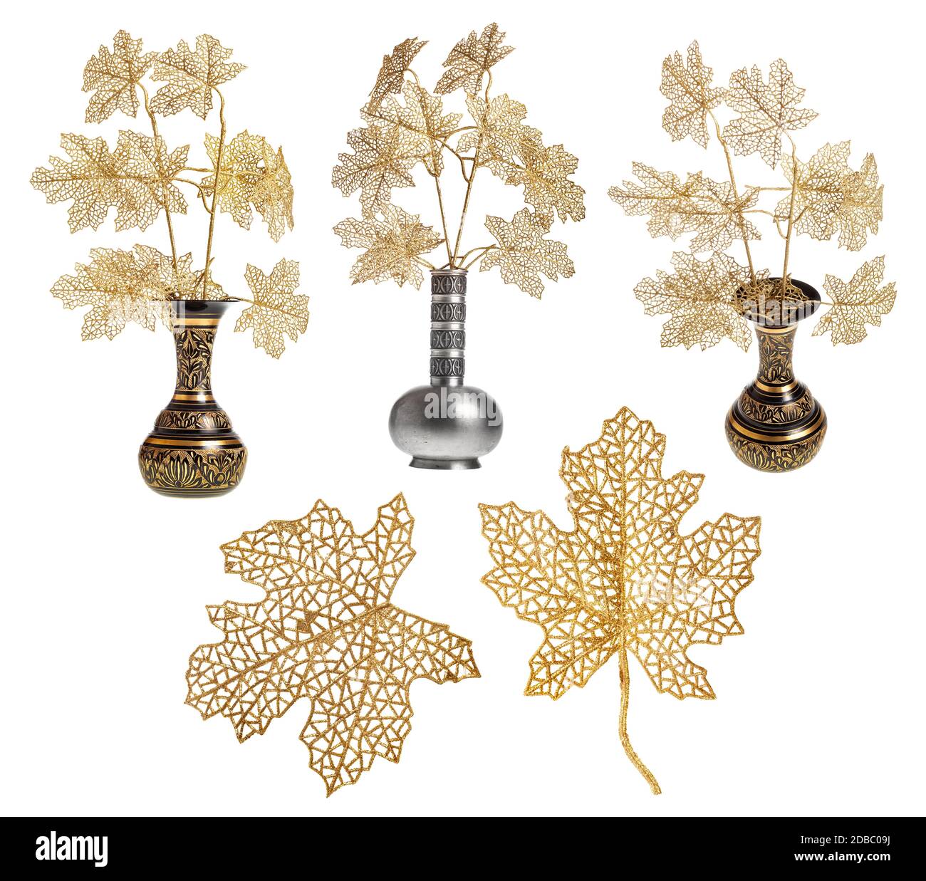 set of leaves and plastic twigs of tree in vases isolated on white ...