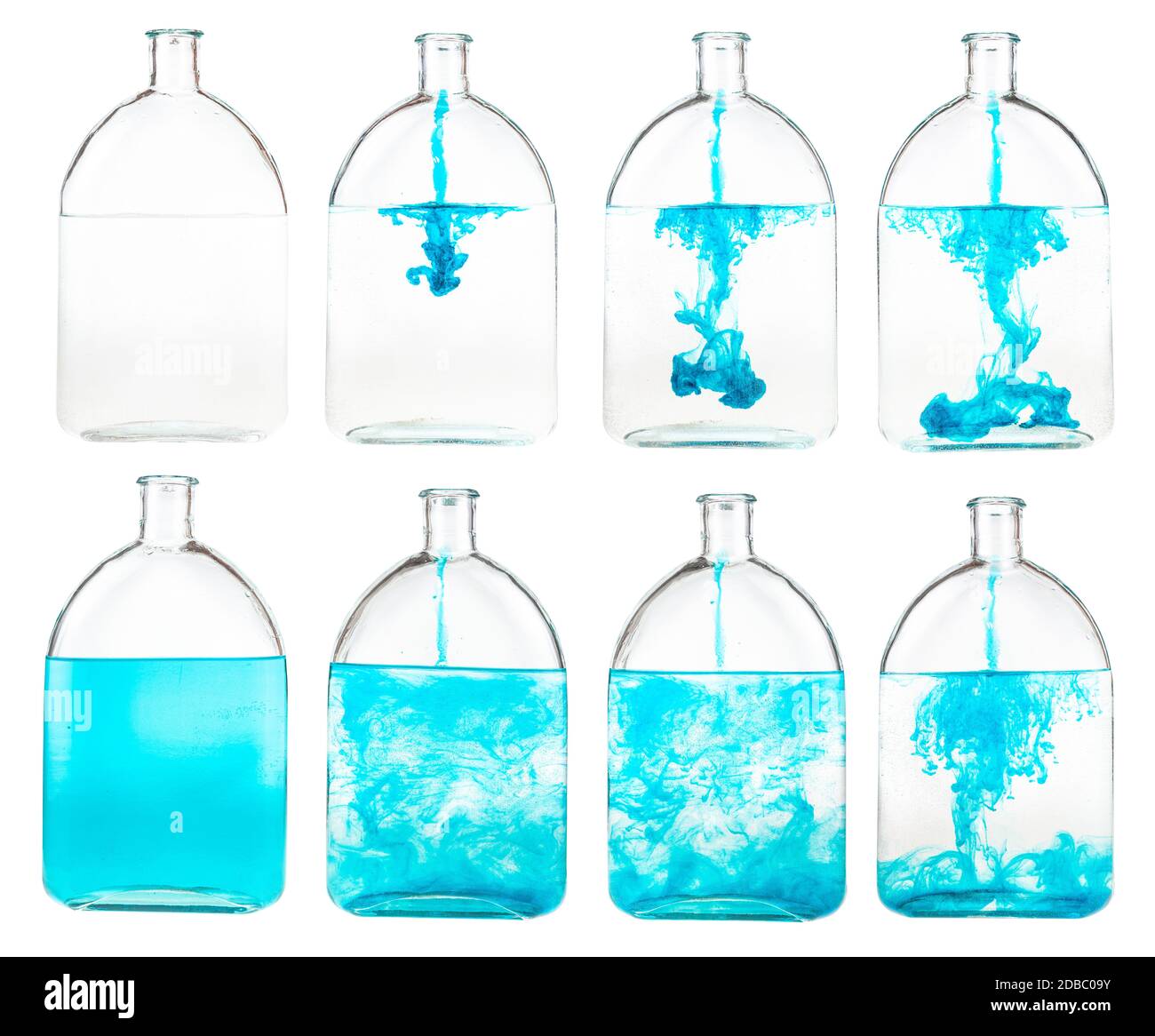 set of blue ink solutions in water in glass flask isolated on white ...