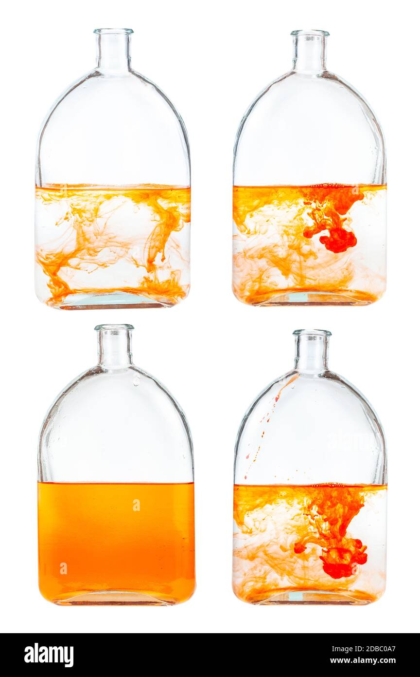 set of orange ink solutions in water in glass flask isolated on white background Stock Photo - Alamy