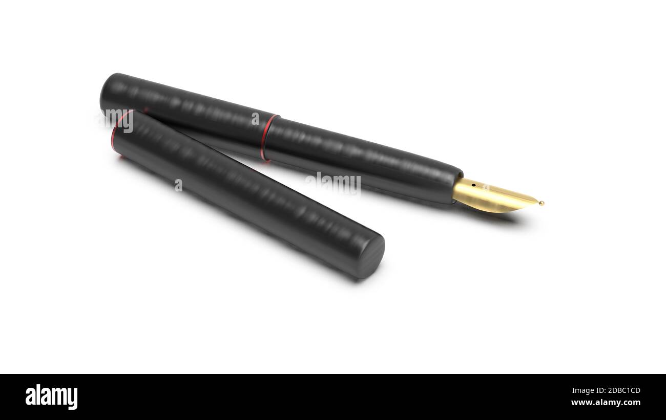 The 3d rendering of detailed closeup of a pen lying on a paper Stock ...