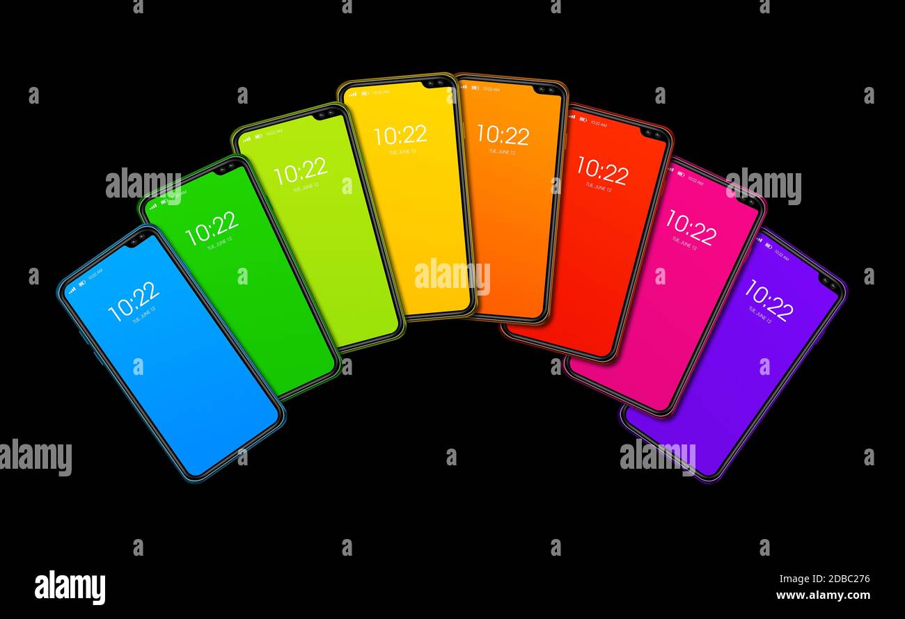 Rainbow colorful smartphone set isolated on black background. 3D render ...