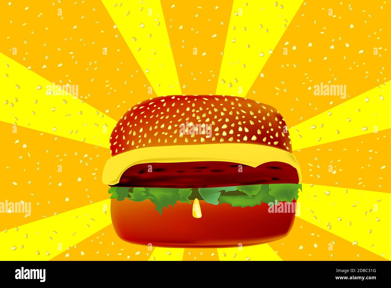 A large cheese burger in a sesame bun with rays of exploding sesame ...