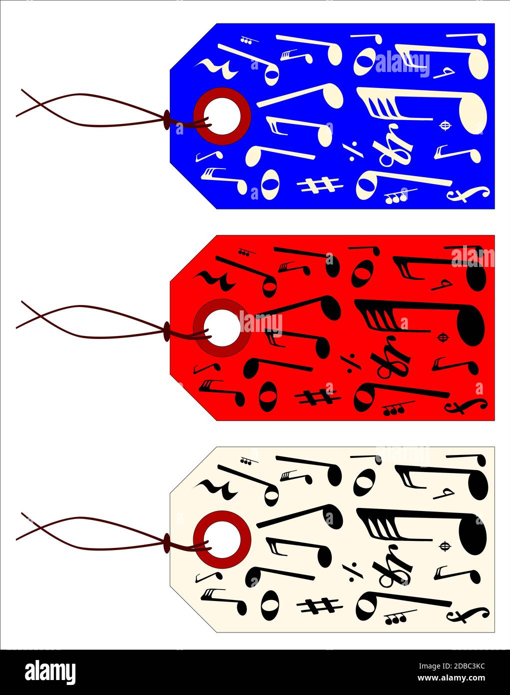 A collection of three music tags on a colourful coloured background ...
