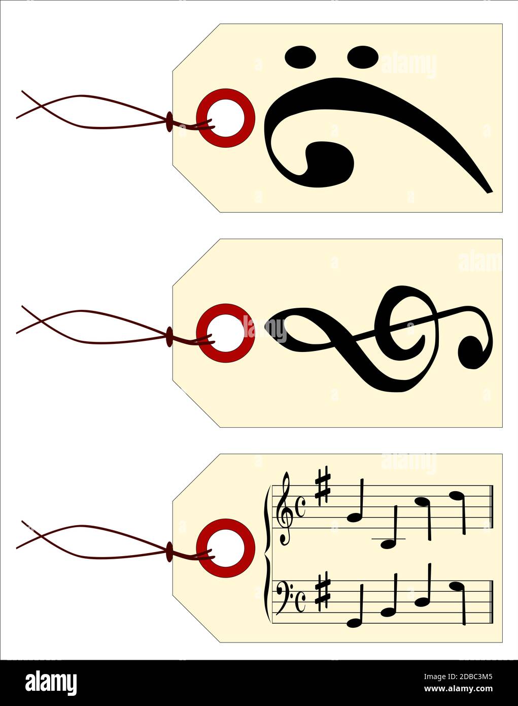 A collection of three music tags on a parchment coloured background ...