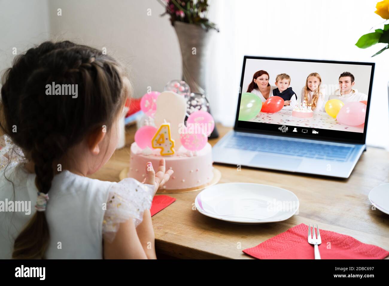 Family Celebrating Birthday Using Video Conference Call Stock Photo - Alamy