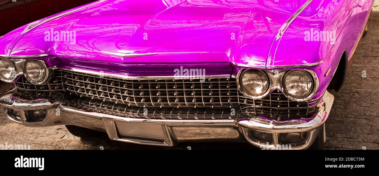 Vintage classic retro car. Beautiful pink auto, front view Stock Photo ...