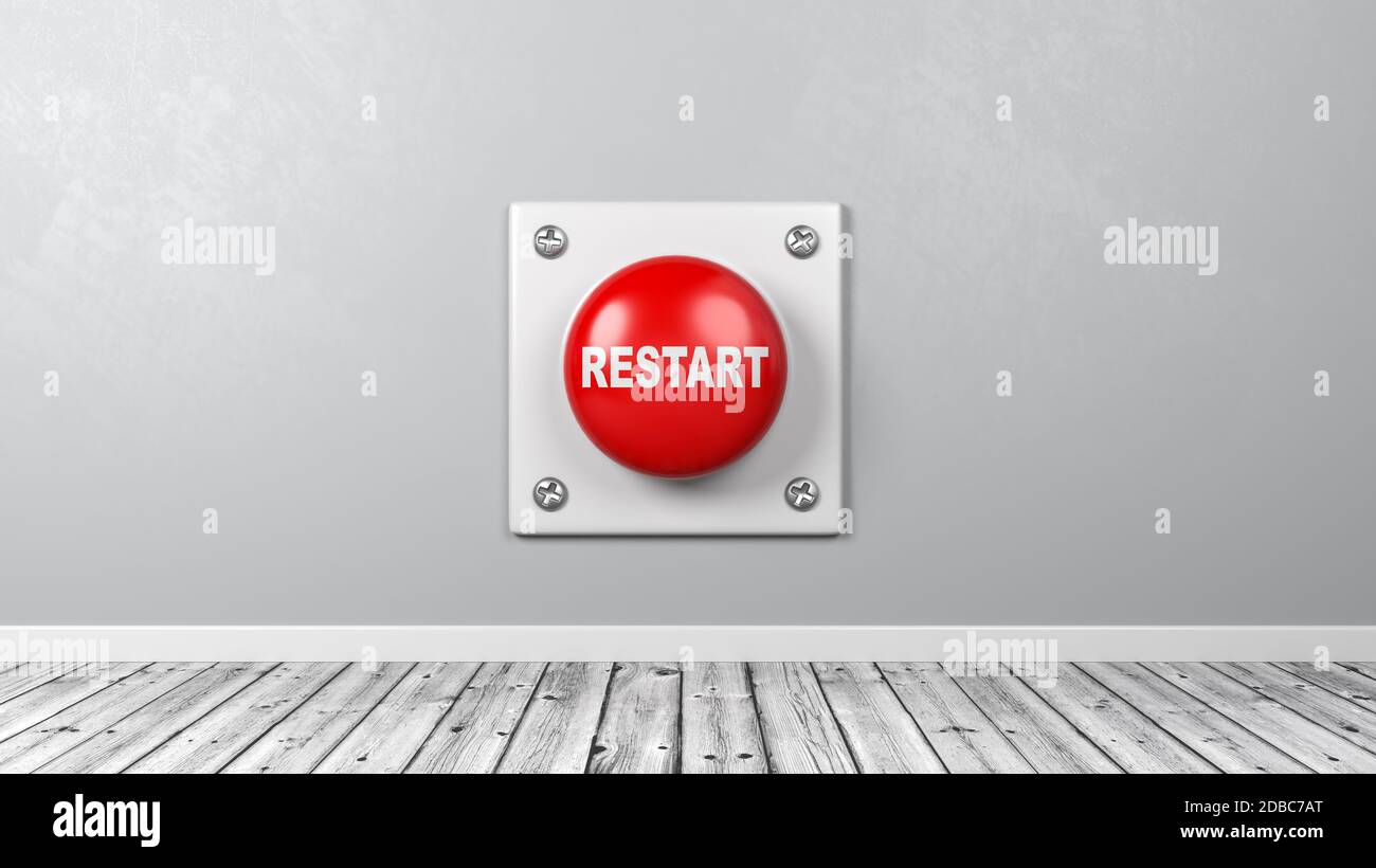 Red Button with Restart Text Against Gray Wall in the Room 3D ...