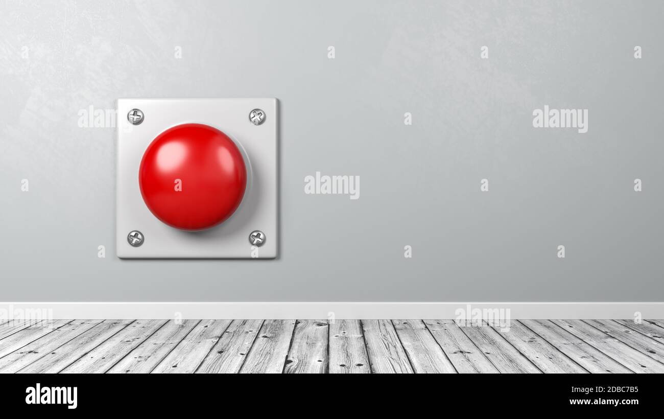 Red Button Against Gray Wall in the Room with Copy Space 3D ...