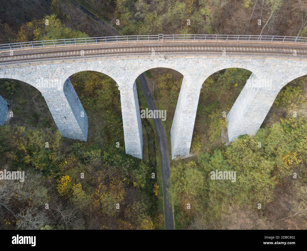 Aerial top view of stone Railway Viaduct near Prague, Czech republic ...
