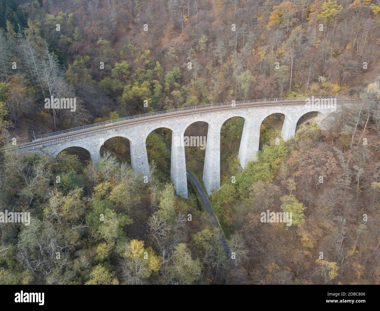 Aerial top view of stone Railway Viaduct near Prague, Czech republic ...