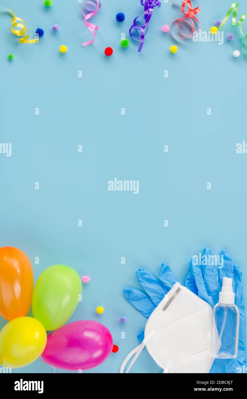 Concept quarantine birthday. Festive blue background with gift boxes ...