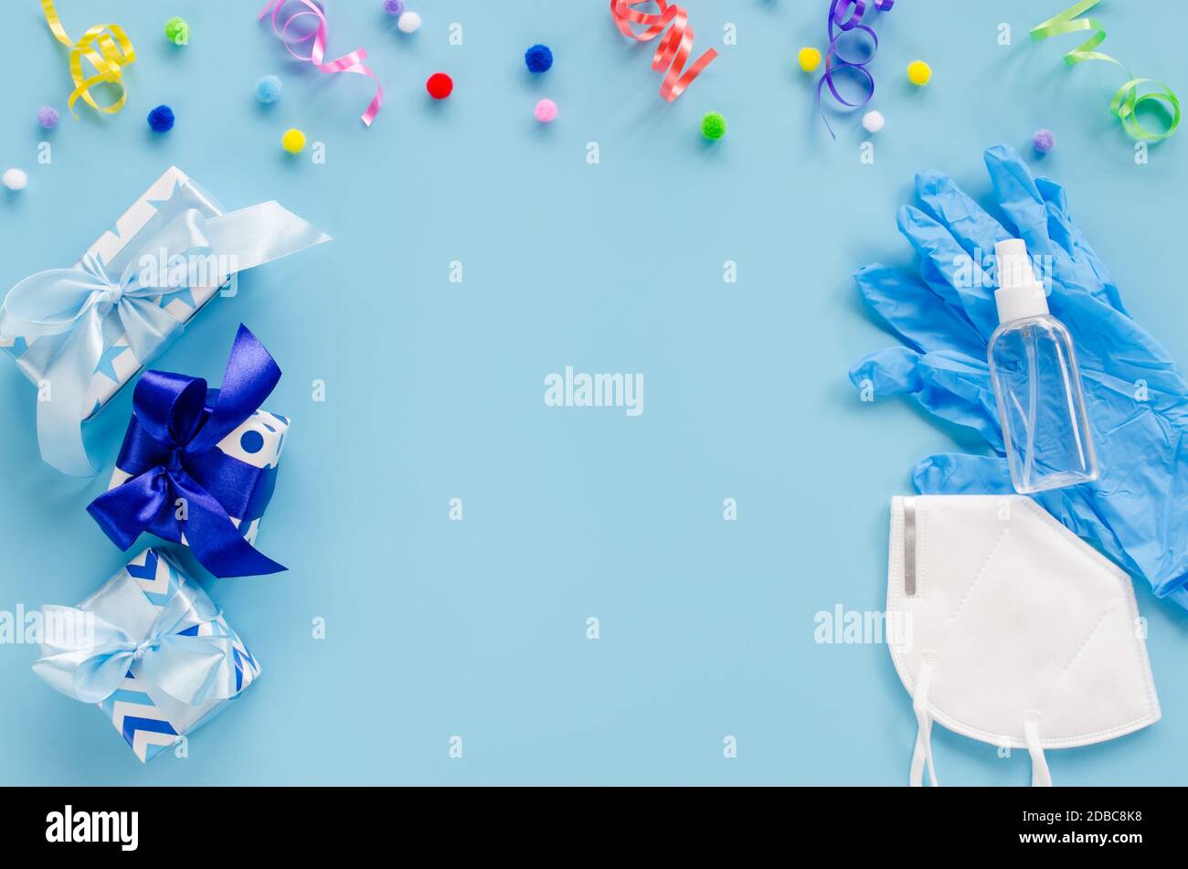 Concept quarantine birthday. Festive blue background with gift boxes ...