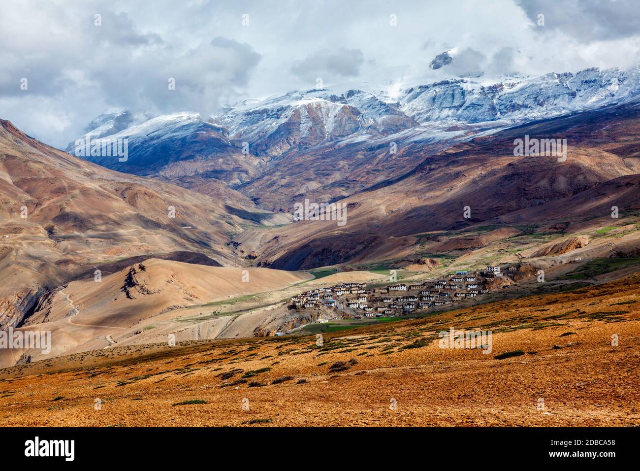 Kibber village in Himalayas. Lies in a narrow valley on the summit of a ...