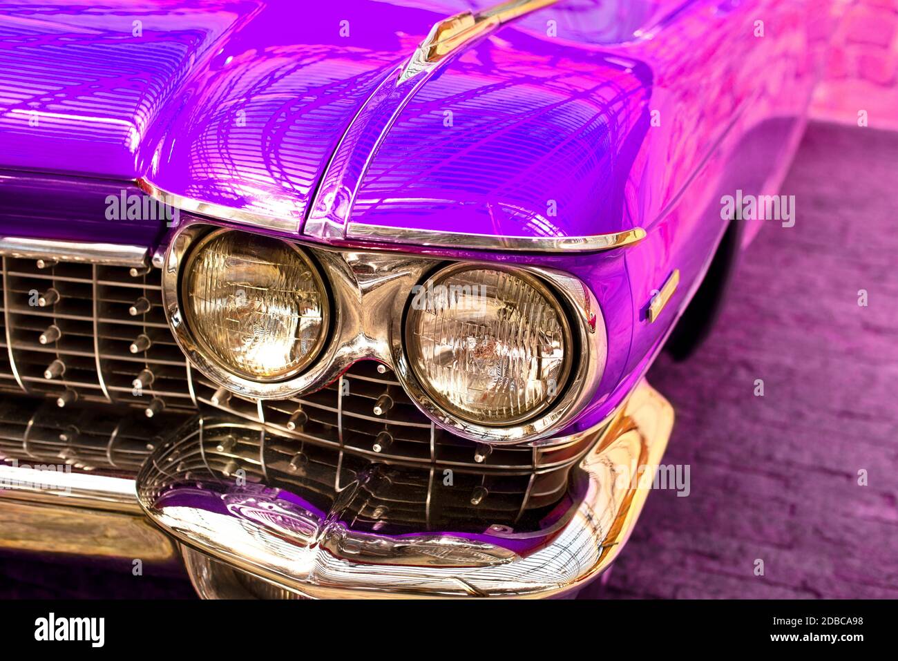 Vintage classic retro car. Beautiful pink auto, front view Stock Photo ...