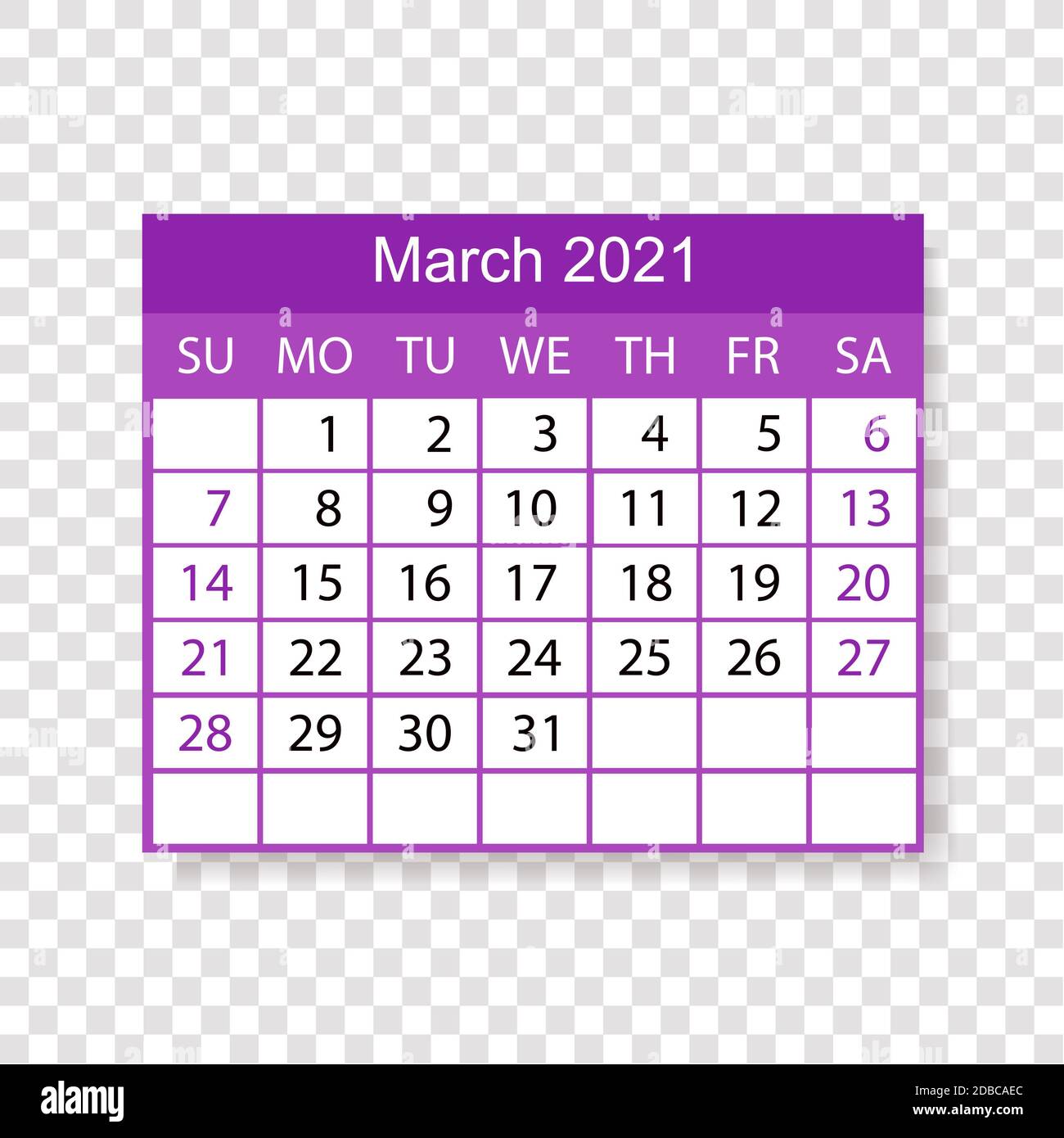 Calendar 2021. Week starts on Sunday. March. Vector illustration Stock ...