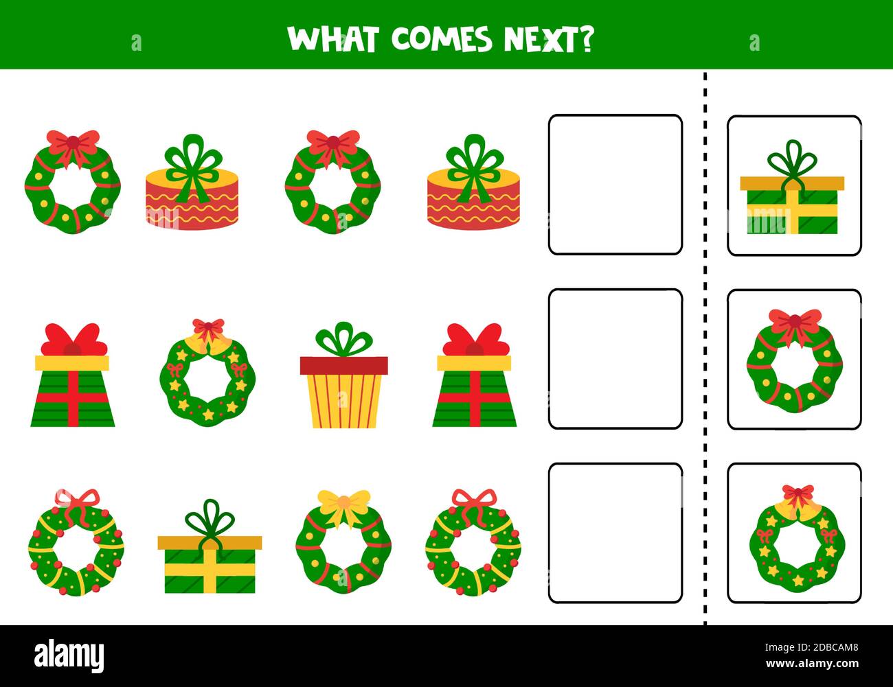 What comes next logical game. Cartoon Christmas wreaths and gifts Stock ...