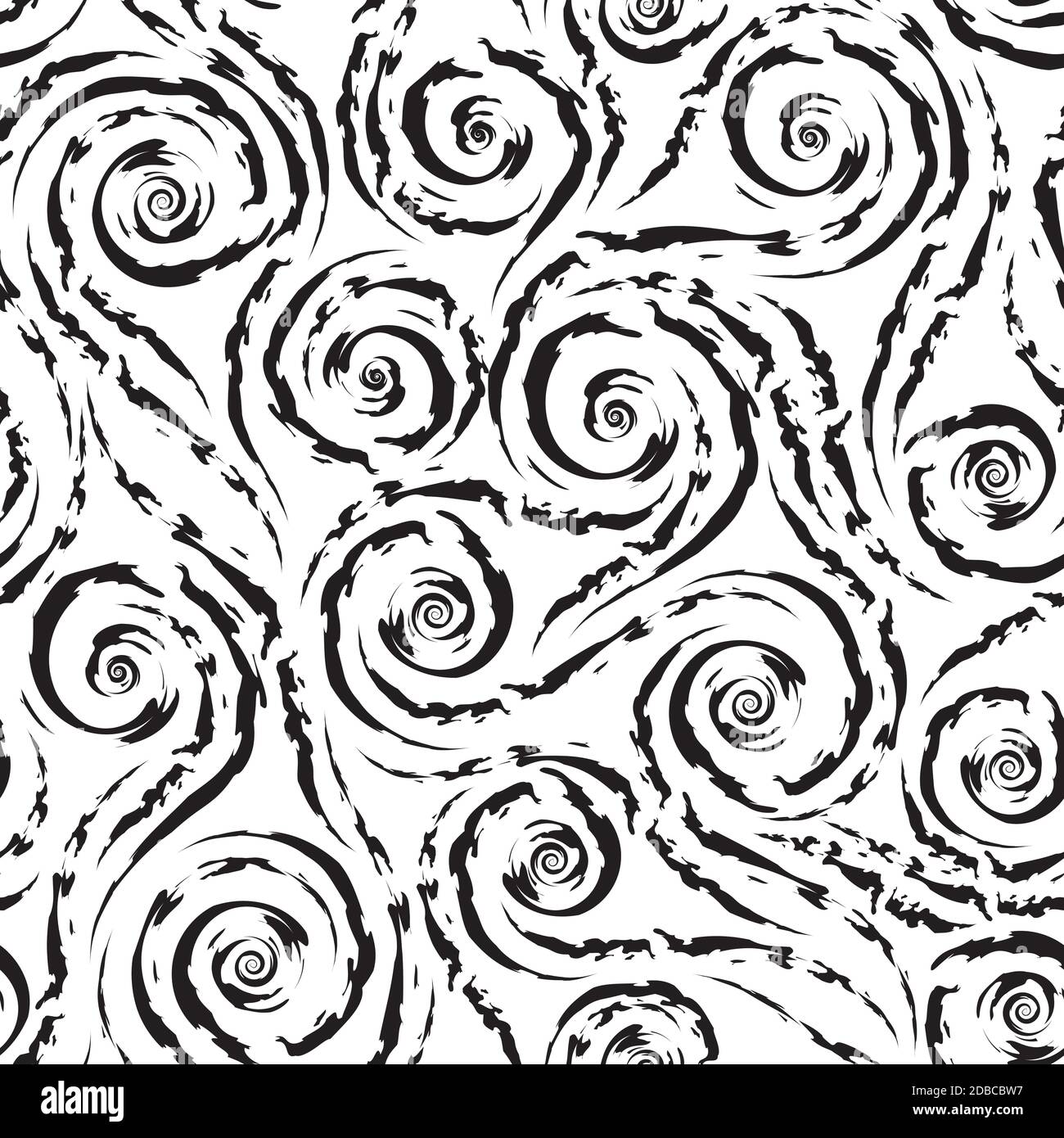 Black flowing lines and spirals with torn edges vector seamless pattern isolated on white ...