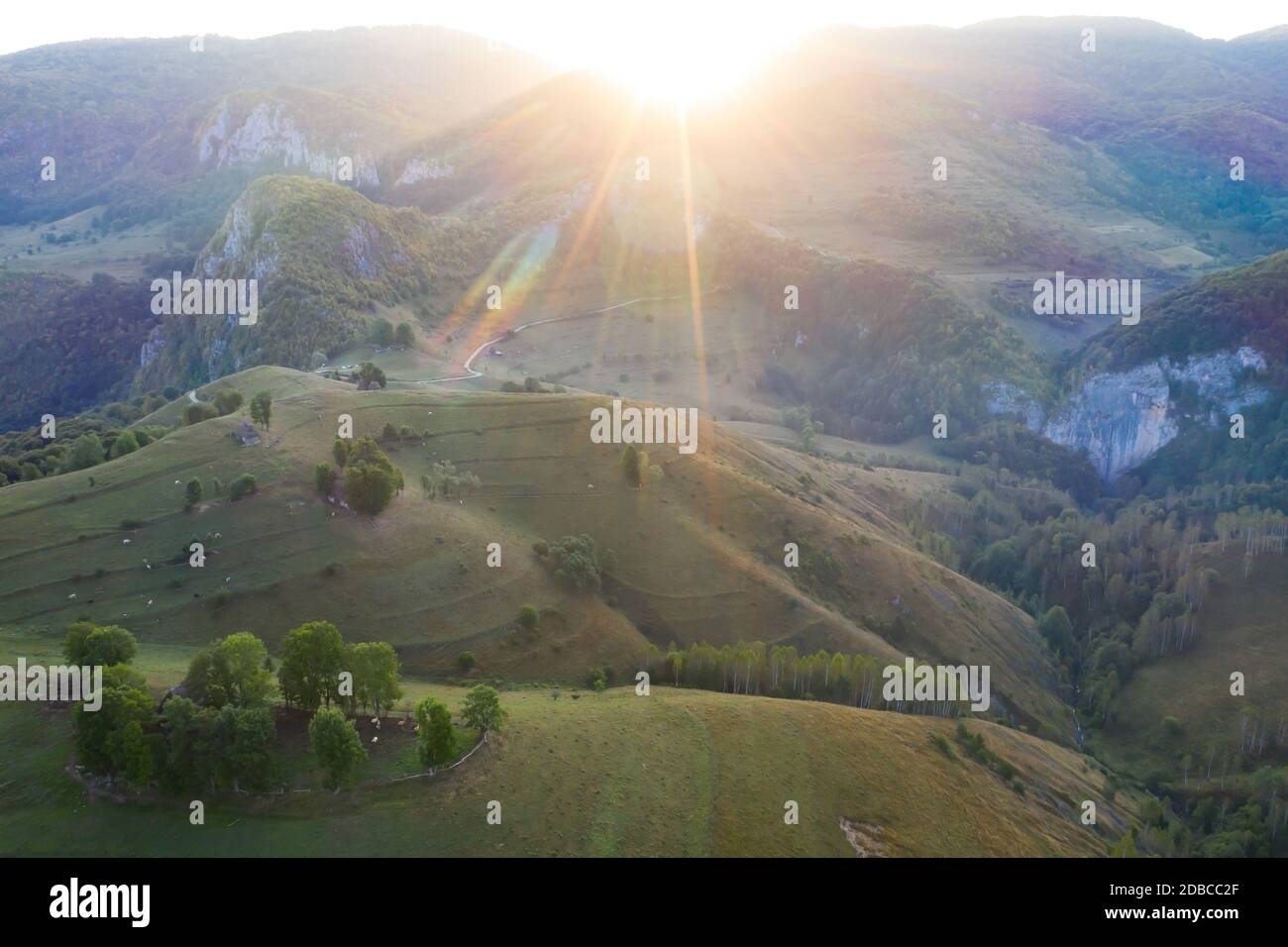 Aerial view of endless lush pastures of Transylvania. Beautiful ...